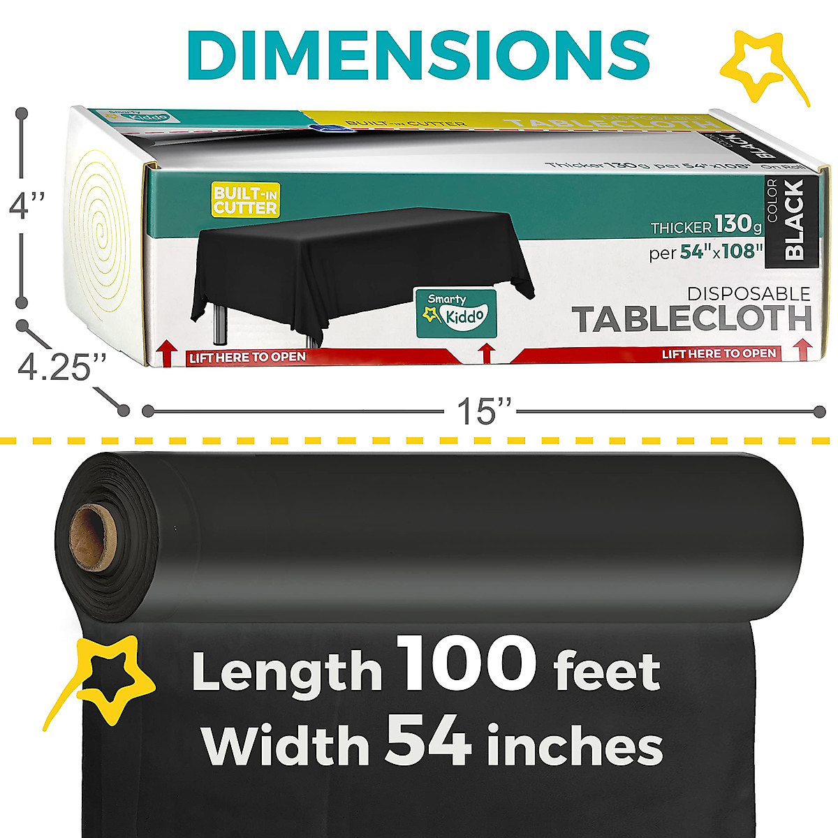 54in X 100ft Black Premium Plastic Disposable Tablecloth Roll with in Built Cutter Box | Table Cover for Party, Picnic, Banquet & Kids Activities