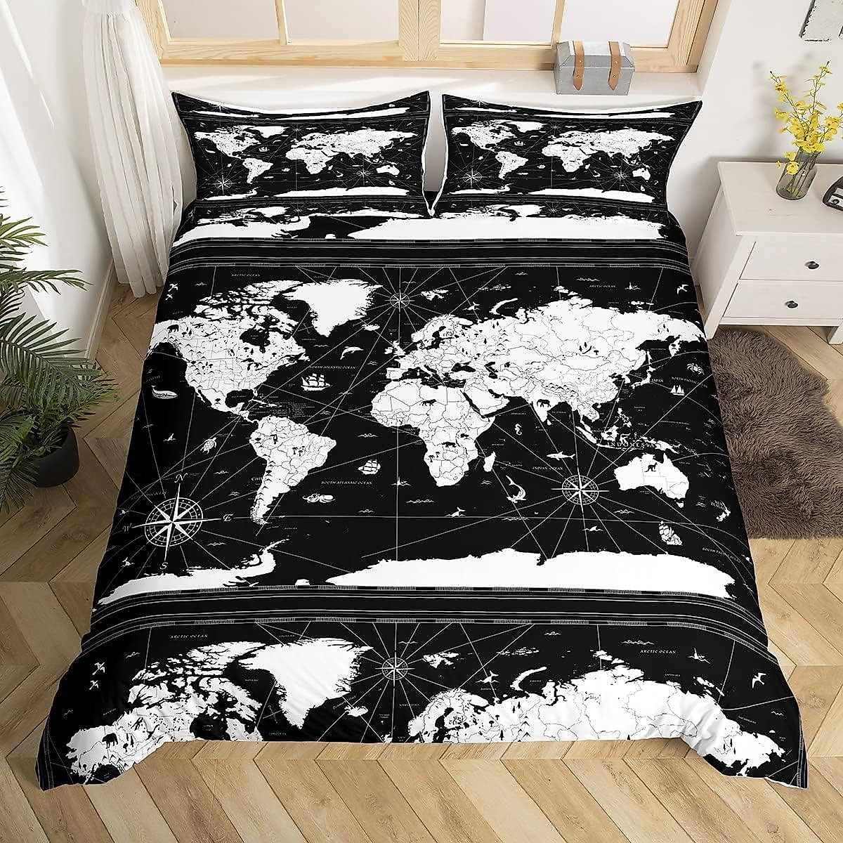 Erosebridal World Map Bedding Set Queen Nautical Theme Duvet Cover Black White Bedroom Decor Campus Sailboat Bedding, Geography Earth Global Theme Comforter Cover for Boys Girls Men Women