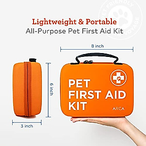 ARCA PET Cat & Dog First Aid Kit Home Office Travel Car Emergency Kit Pet Travel Kit – 100 Pieces with Emergency Collar and Pet Thermometer & Mini Pouch (Neon Orange)