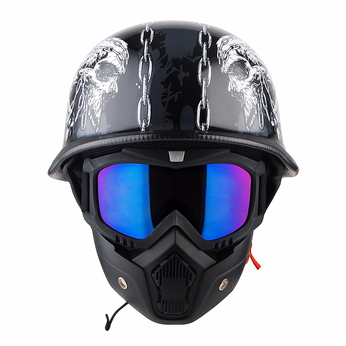 1Storm Novelty Motorcycle Half Face Helmet German Style DOT Approved: HKY602 Chain Skull + Black Tinted Goggle Bundle
