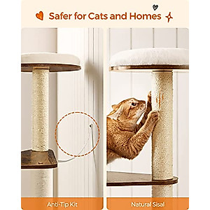 Feandrea WoodyWonders Cat Tree, 65-Inch Modern Cat Tower for Indoor Cats, Multi-Level Cat Condo with 5 Scratching Posts, Perch, Washable Removable Cushions, Cat Furniture, Rustic Brown UPCT166X01