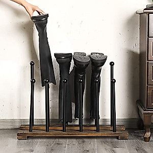 MyGift Modern Entryway Black Metal Boots and Shoe Rack with Rustic Burnt Solid Wood Base, Freestanding Tall Cowboy Boots Work Boot Organizer, Holds 6 Pairs