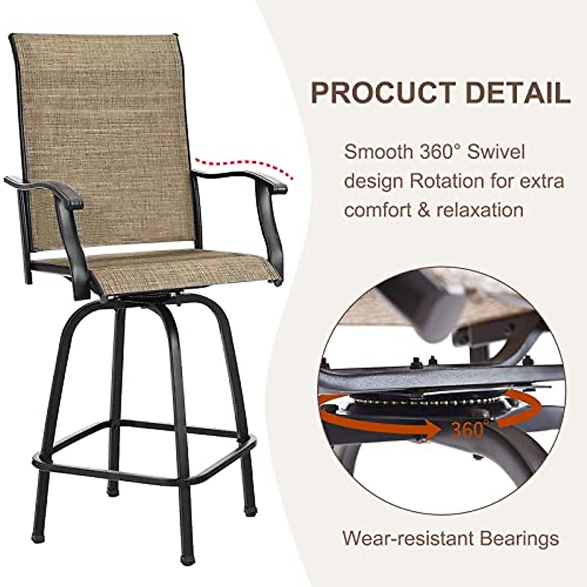 GOOGIC Patio Swivel Bar Stools ， Outdoor High Back Swivel Bar Chair Set of 2 with All Weather Steel Frame for Backyard, Lawn,Poolside and Balcony