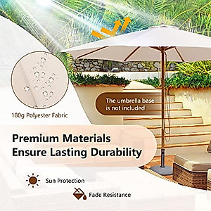 HAPPYGRILL 10 FT Patio Wooden Umbrella Table Market Umbrella with 8 Bamboo Ribs, 3 Adjustable Heights, Rope Pulley Lift, Detachable Pole & Vented Roof, Outdoor Umbrella for Garden Poolside Backyard