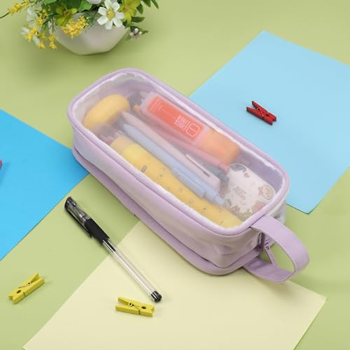 JIANTA Mesh Pencil Case, Large Clear Pen Pouch with Zipper and 2 Compartments, Makeup Cosmetics Bag Stationery Storage Bag for Home, Office, School, Purple