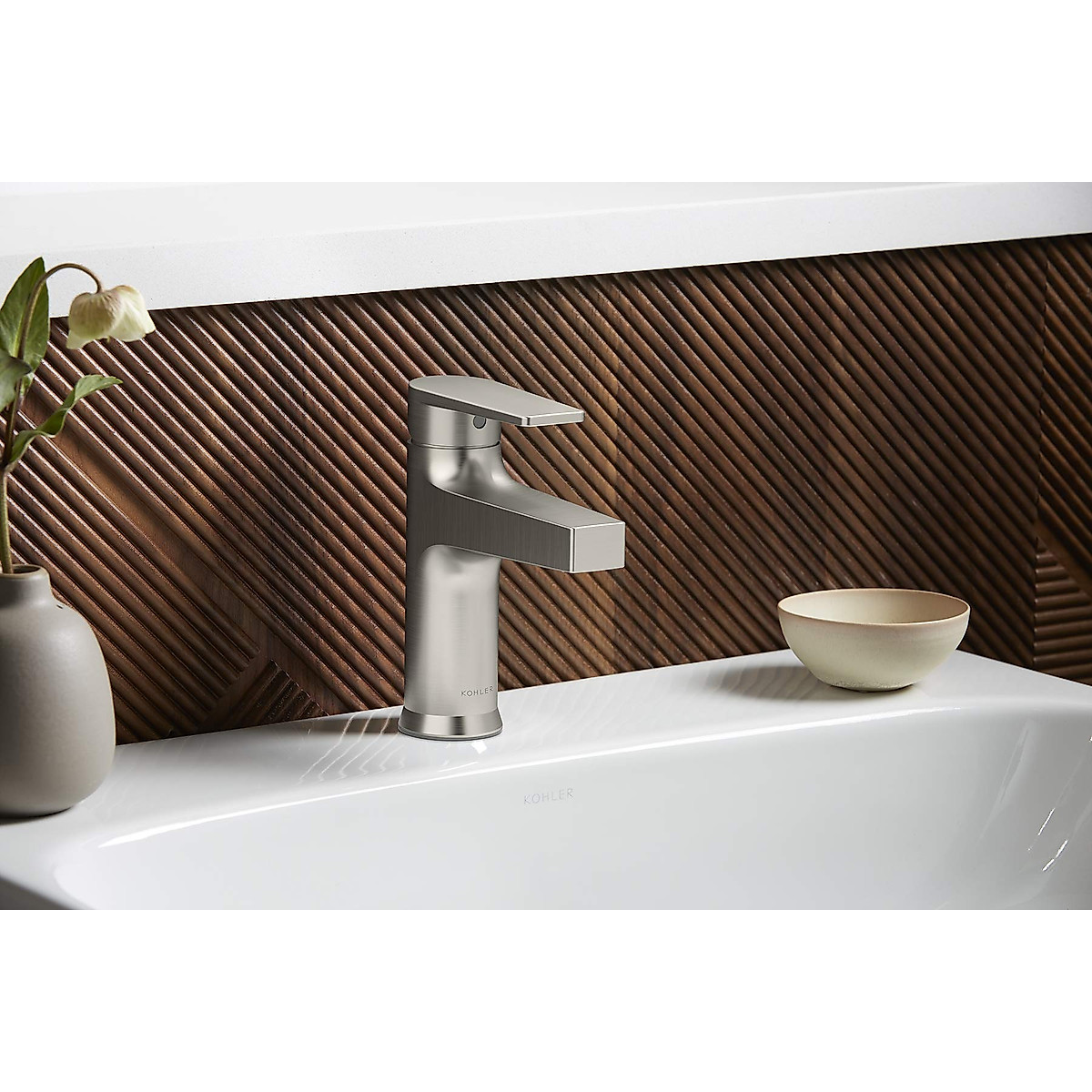 KOHLER 74021-4-BN Taut Single-Handle Bathroom Faucet with Pop-Up Drain, One Hold Bathroom Sink Faucet with Escutcheon, Vibrant Brushed Nickel