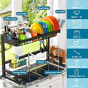 ADBIU 【Fit Sink 24.5"- 32" L】 2023 Version Over Sink Dish Drying Rack (Expandable Dimension) Snap-On Design 2 Tier Large Kitchen Dish Rack Stainless Steel Counter Organization and Storage