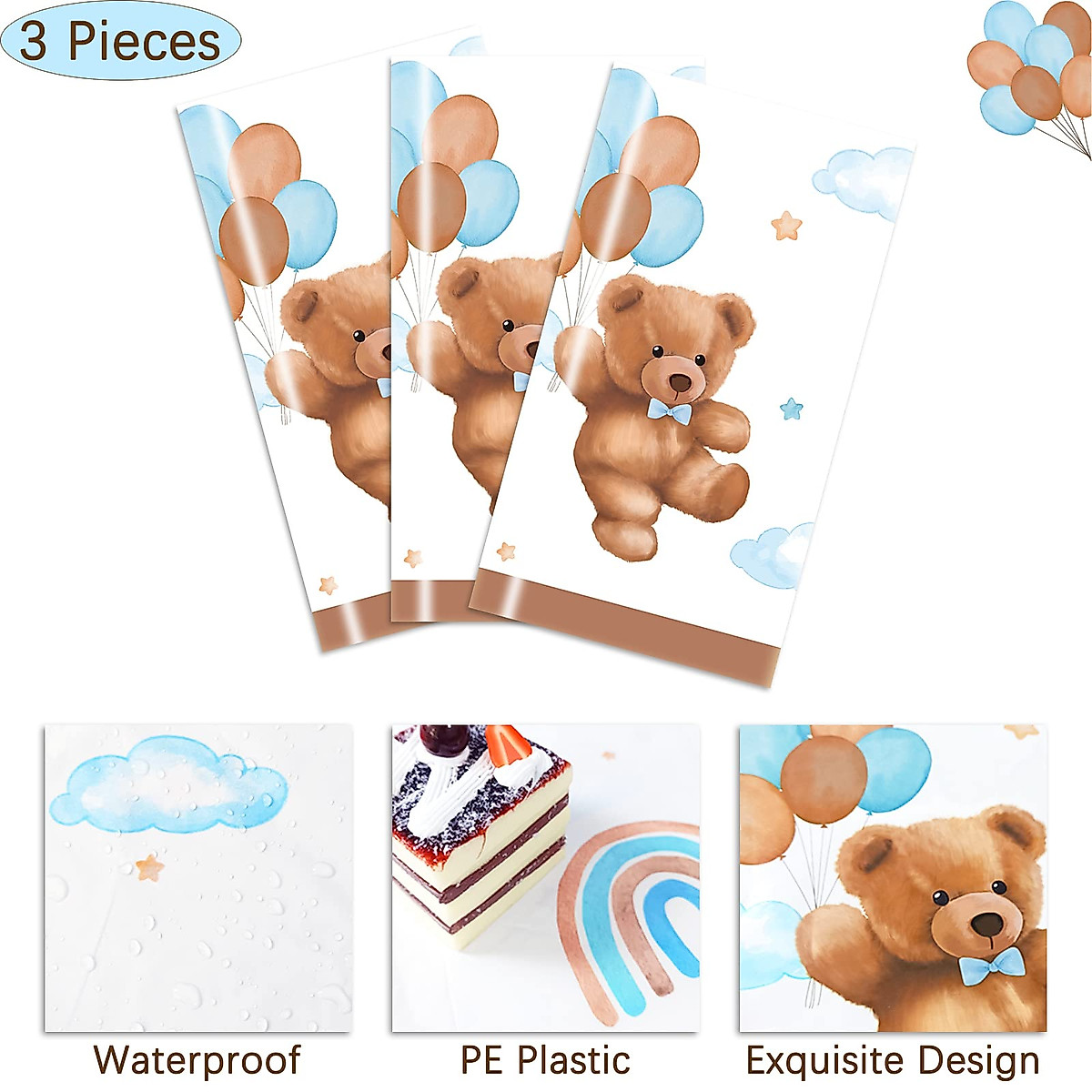 3 Pieces Teddy Bear Baby Shower Tablecloths Plastic Table Cover, Boho Brown Blue Baby Shower Birthday Party Decorations Supplies for Boys Kids Large Size 108×54 Inch Rectangular Cute Bear Table Cloth