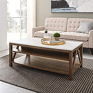 Walker Edison Modern Farmhouse A-Frame Wood Rectangle Coffee Table Living Room Ottoman Storage Shelf, 48 Inch, Natural Walnut