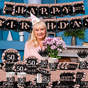 142Pcs 50th Birthday Tableware Decorations,Black Rose Gold Tableware Set 50th Birthday Plates and Napkins Cup Rose Gold Tablecloth Happy Birthday Banner for Women Birthday Disposable Supplies Serve 20