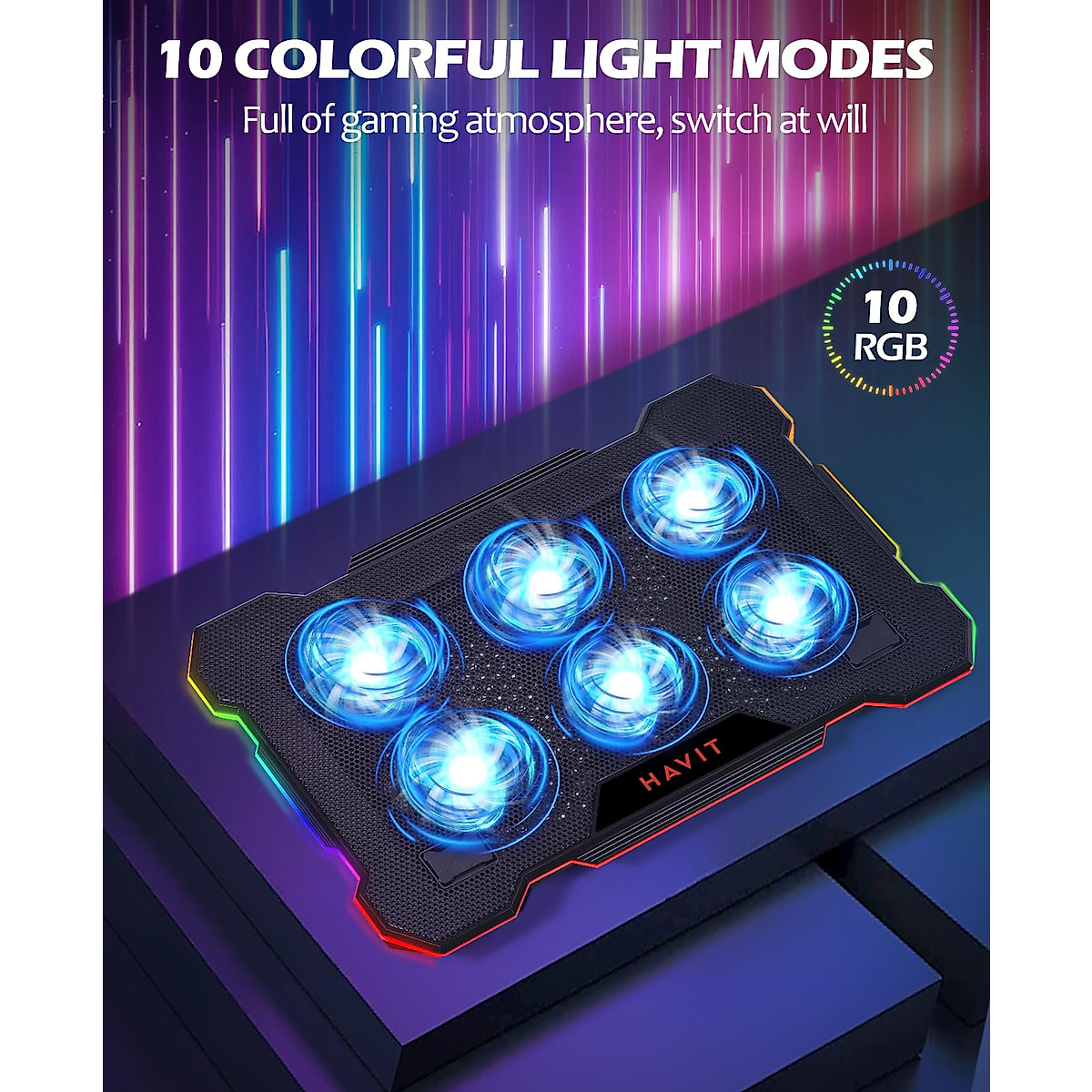 HAVIT Laptop Cooling Pad with 6 Cooling Fans, Laptop Cooler 6 Adjustable Heights for 13-17 Inch Laptops, Gaming Laptop Cooling Stand with RGB Lights and Two USB Ports (HV-F2072)