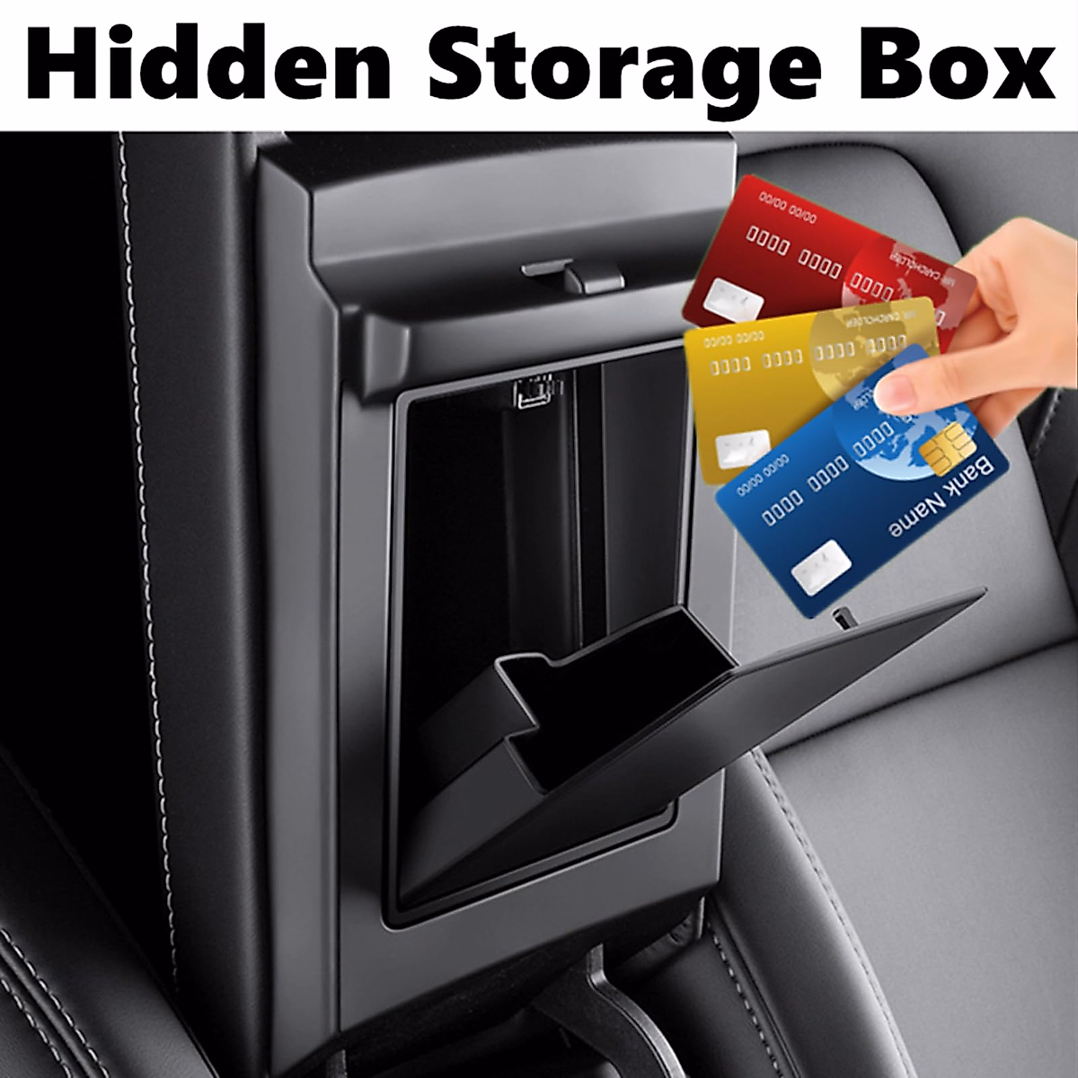 HZGAMER One-Touch Hidden Storage Box Fit for Tesla Accessories Model 3 / Y 2023 2022 2021, Armrest Console Organizer for Card Keys Coin Money - ONLY You Know