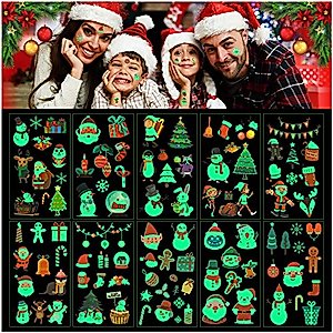 Christmas Temporary Tattoo Stickers, Luminous Xmas Tattoo Decal for Kids, Glow in the Dark Waterproof Fake Tattoos for Gift (10 Sheets)