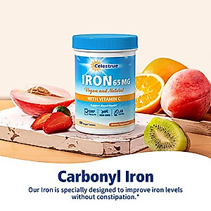 Celestrue Iron Supplement, Elemental Iron 65 mg, with Vitamin C, Non-Constipating, Gentle on The Stomach, Once Daily, Vegan, Red Blood Cell Support, 60 Tabs