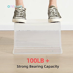 OMNISAFE 6 Pack 22 Quart Stackable Plastic Storage Bins, BPA-Free Nestable Container with Latching Lid to Organize Shoes, See-Through Box for Home and Office, Multi-Purpose Storage Case, Clear Shoebox