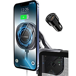 OQTIQ Wireless Car Mount Charger for Tesla Model 3 / Y Magnetic Phone Holder Fast Charging Cooling Fan Magnet Charger Compatible with Mag Safe Cases, for iPhone 14 13 12 Series (with QC 3.0 Adapter)