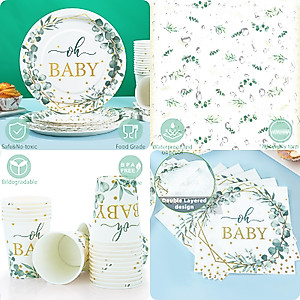 Gudvilla Sage Green Baby Shower Plates and Cups and Napkins Sets, with Sage Green Tablecloth, Baby Shower Decorations Neutral, Oh Baby Plates for Boho Baby Shower Decorations Sage Green, Serves 25
