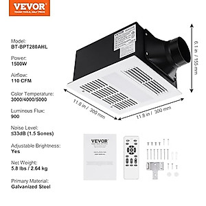 VEVOR Bathroom Exhaust Fan, 110 CFM Ventilation, 1.5sones Low Noise Operation, Remote Control, Cooling&Heating, LED Light 3000/4000/5000K, Airflow Speed&Light Brightness Adjustable, Timer