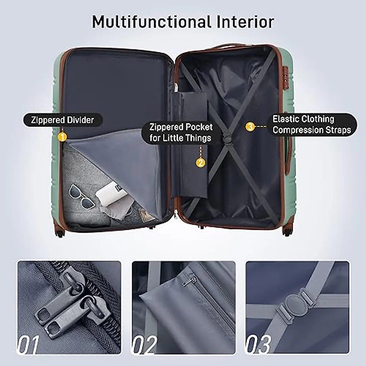 Merax Luggage Sets of 3 Piece Carry on Suitcase Airline Approved,Hard Case Expandable Spinner Wheels (Green&Brown)