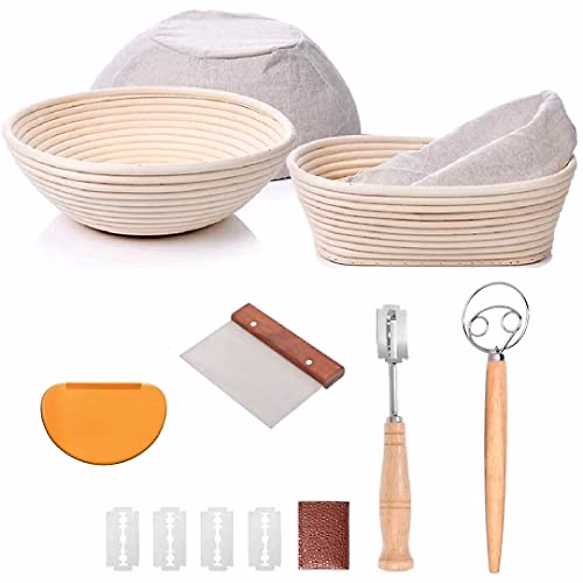 Bread Proofing Basket Set Of 2 Round and Oval, Banneton Proofing Basket + Danish Dough Whisk + Bread Scoring Lame + Stainless Steel Dough Scraper + Flexible Dough Scraper, Sourdough Tools Kit
