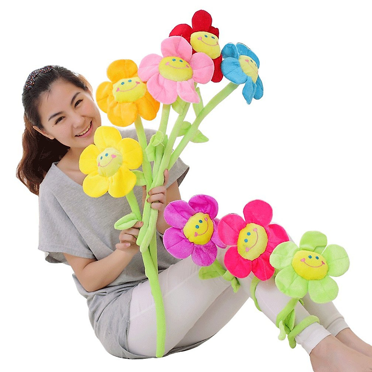 Life on Left 26" Super Cute Sun Flower, Plush Daisy Flowers with Bendable Stems Big Smile Face Flower Creative Stuffed Plush Toy (65cm) (red Sunflower)