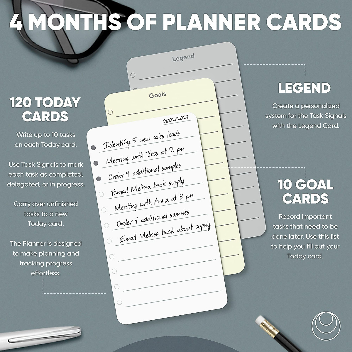 Undated Daily Planner To Do List Notepads and Walnut Stand - 120 Checklist Cards, 10 Goal Cards - Perfect Note Pads for Work Desk or School - ADHD Office Accessories - Productivity Task Analog