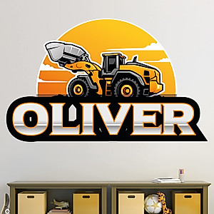 AdesiivoStudio Construction Decor for Boys Room: Playful & Vibrant Custom Name Wall Decal with Excavator Design, Watercolor Construction Room Decor for Boys (Construction Sunset)