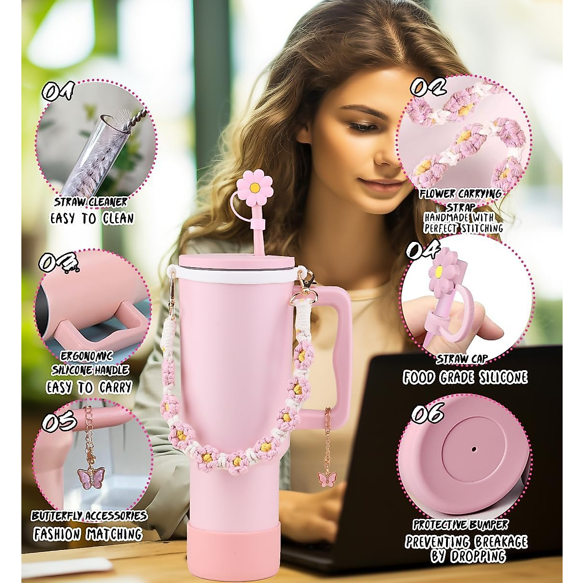 Sanilinwild 40 oz Tumbler with Handle Straw and Accessories, Drop & Abrasion Resistant, Vacuum Double-Layer Insulation, Ideal for Camping, Fitness, Outdoor Use