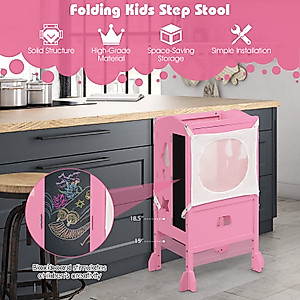 Costzon Kids Kitchen Step Stool with Safety Rail, Folding Wooden Step Helper w/Adjustable Height, Blackboard, Protective Netting, Stable Fixed Feet, Countertop Standing Tower for Toddlers(Pink)