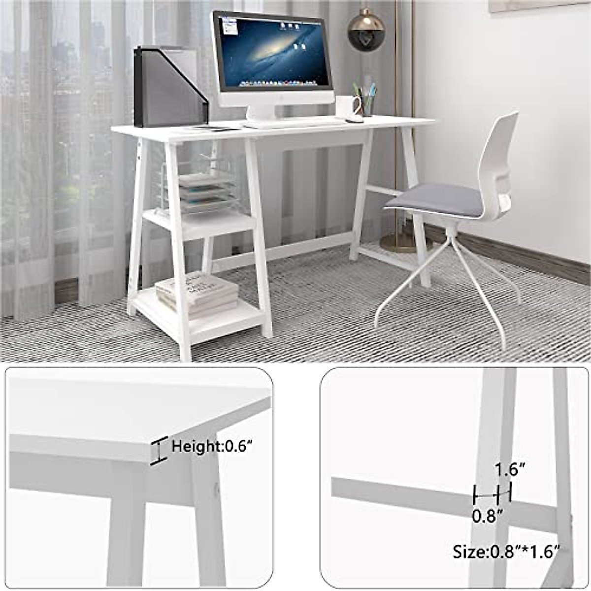 Natwind 47" White Desk Home Office Computer Working Kid Student Study Table with 2-Tier Storage Bookshelves Modern Simple Study Laptop Writing Elegant Style Desk Workstation for Office Home （White）
