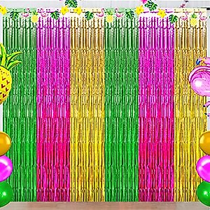Luau Hawaiian Party Decorations, Flamingo Party Decorations, Green Rose Red and Yellow Foil Fringe Backdrop, Beach Bachelorette Streamer for Tropical Hawaiian Aloha Party Decorations(3 Pack)