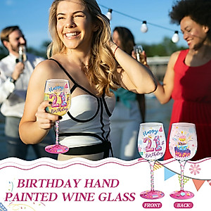 Funnymoom Hand Painted Wine Glass Birthday Gifts for Her Artisan Painted 15oz Gift Happy Birthday Cups (Pink,21st Birthday)