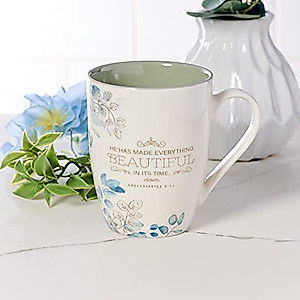 Christian Art Gifts Ceramic Encouraging Coffee and Tea Mug for Women: Made Everything Beautiful - Ecclesiastes 3:11 Inspiration Bible Verse for Hot and Cold Beverages, White and Sage Green, 12 oz.