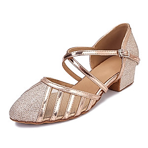 Low Heel Ballroom Dance Shoes Women Latin Salsa Wedding Practice Dancing Shoes Sparkle Comfortable Closed Toe Dance Heels 1.5inch (8.5,Champagne)
