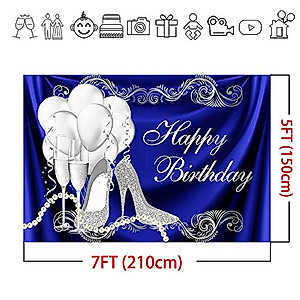Mocsicka Royal Blue Happy Birthday Backdrop Silver High Heels Balloons Champagne Party Cake Table Decorations Sweet 16th Adult's Bday Photography Background (7x5ft)
