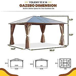 YOLENY 12'x14' Hardtop Gazebo, Outdoor Polycarbonate Roof Canopy, Aluminum Frame Permanent Pavilion with Curtains and Netting, Sunshade for Garden, Patio, Lawns