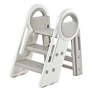 Duke Baby Kids Step Stool 3-Step Foldable Standing Tower with Handle - Learning Helper for Kitchen Bathroom and Potty Training - White