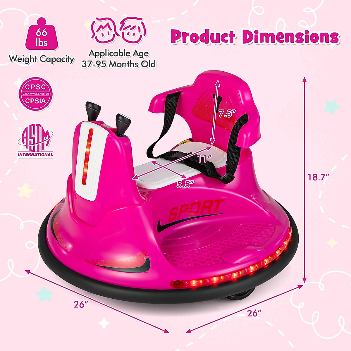 Costzon 12V Kids Ride On Bumper Car, Electric Bumper Car w/Dual Joysticks, Remote Control, 360° Spin, Slow Start Function, LED Lights & Fun Music, Adjustable Safety Belt, Soft Bumper (Pink)