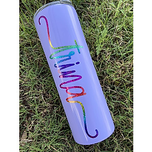 20 oz Stainless Steel Skinny Tumbler with Personalized Swirl Name Decal in Opal or Chrome Vinyl by Avito - Includes Straw and Lid - Bridesmaid, Bachelorette, Bridal Party Gifts, Mother's Day Gift