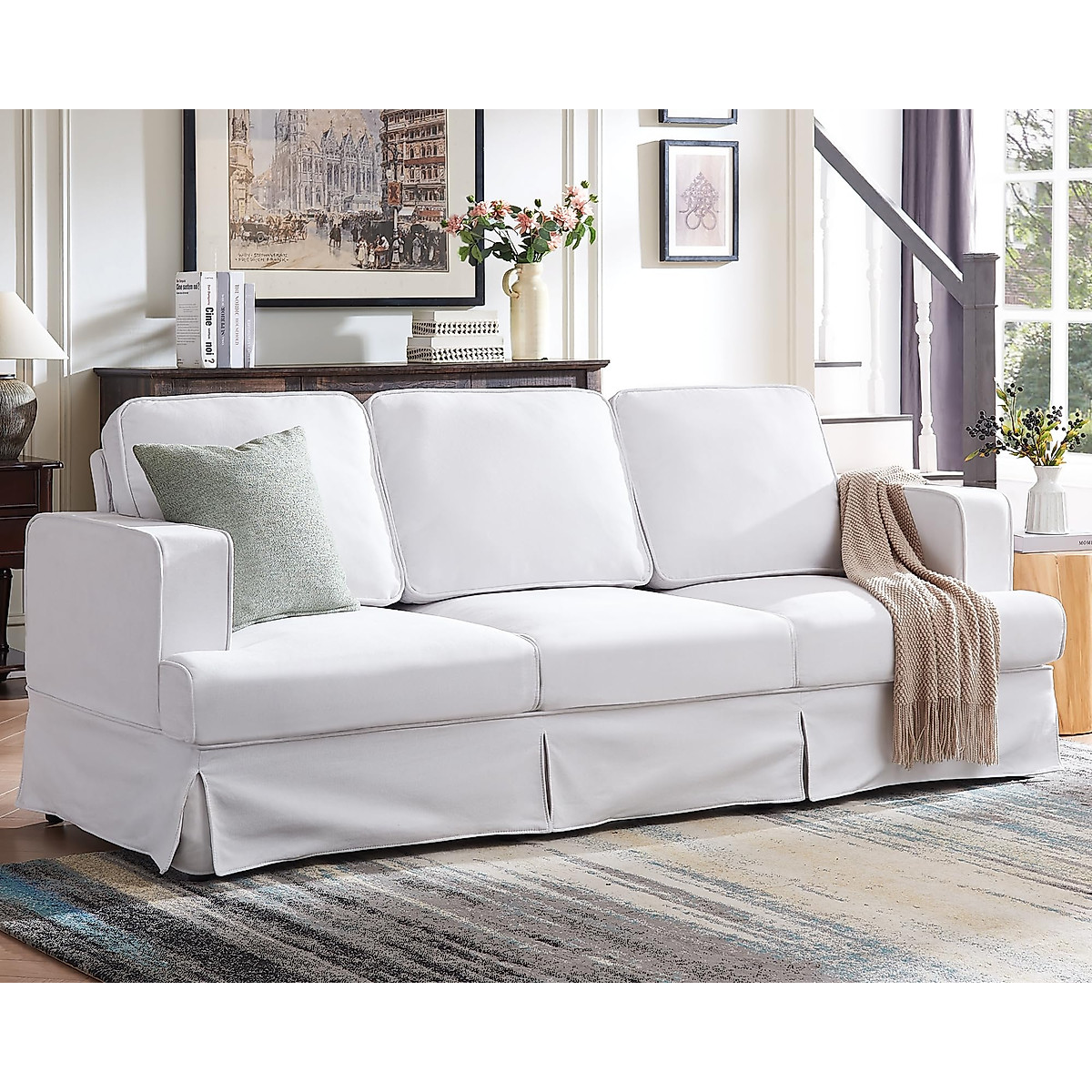 AMERLIFE Sofa, 89 inch Slipcovered Couch, 3 Seater Sofa Comfy Couch for Living Room Office, Linen White Couch