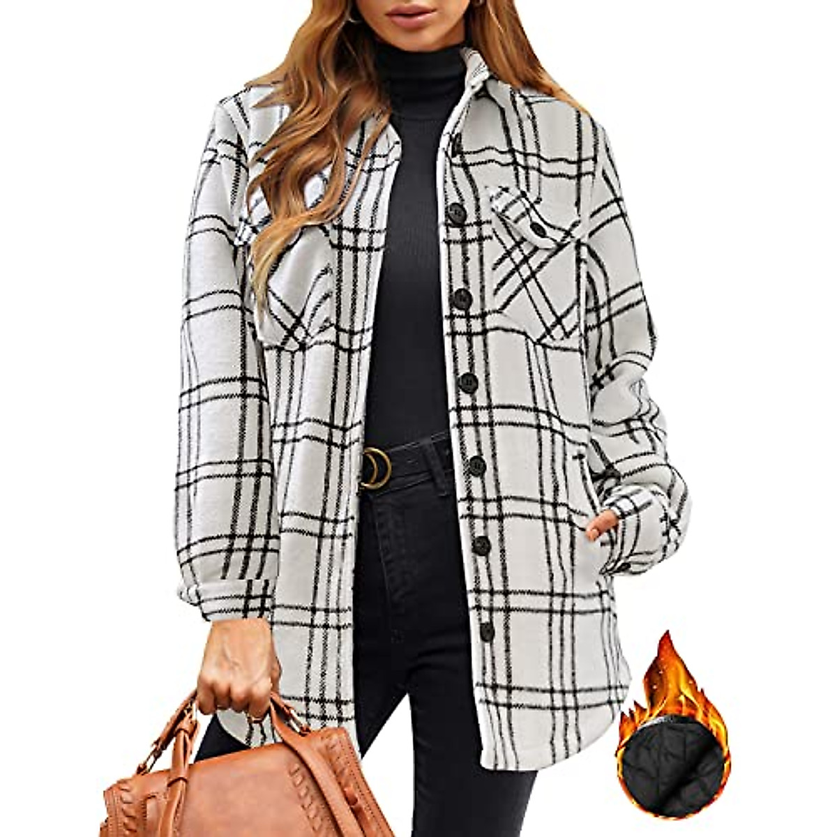 luvamia Womens Coats And Jackets Long Shacket Jacket Women Jacket For Women Office Oversized Quilted Utility Jacket For Women Beige Shirts For Women Beige Jacket For Women Black White Plaid Size Small