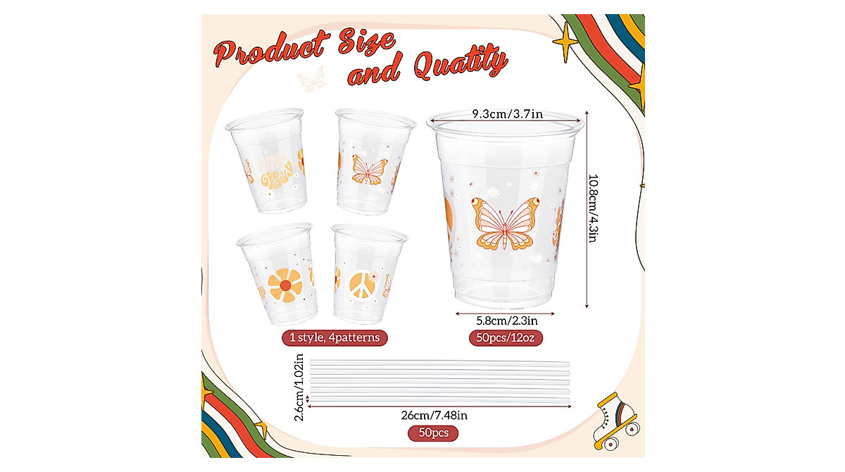Sliner 50 Pcs Boho Plastic Cups with Straws - Party Essential