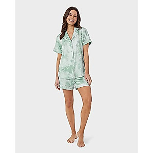 32 DEGREES Women's Cool Button Up 3 Piece Sleep Set |4-Way Stretch | Button up Top | Lounge Capri and Short, Light Mint Hazy Tie Dye, Large