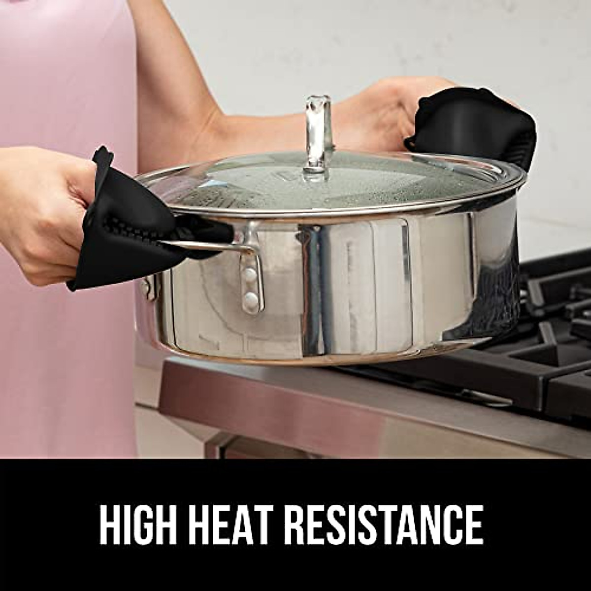 Gorilla Grip Heat and Slip Resistant Silicone Mini Potholders Mitts, Oven Mitt Gloves, BPA-Free, Textured Design, Better Grip, Hot Plate Holder, Kitchen Finger Grips, Cooking, Waterproof 2 Set, Black