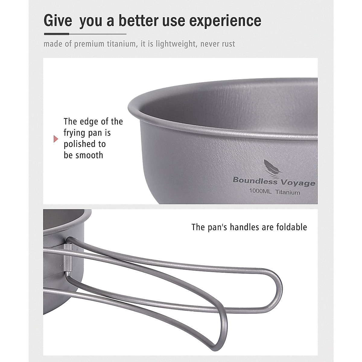 Boundless Voyage Titanium Frying Pan with Lid Portable Folding Handles Outdoor Camping Skillet Griddle Ultralight Cookware Hiking Backpacking