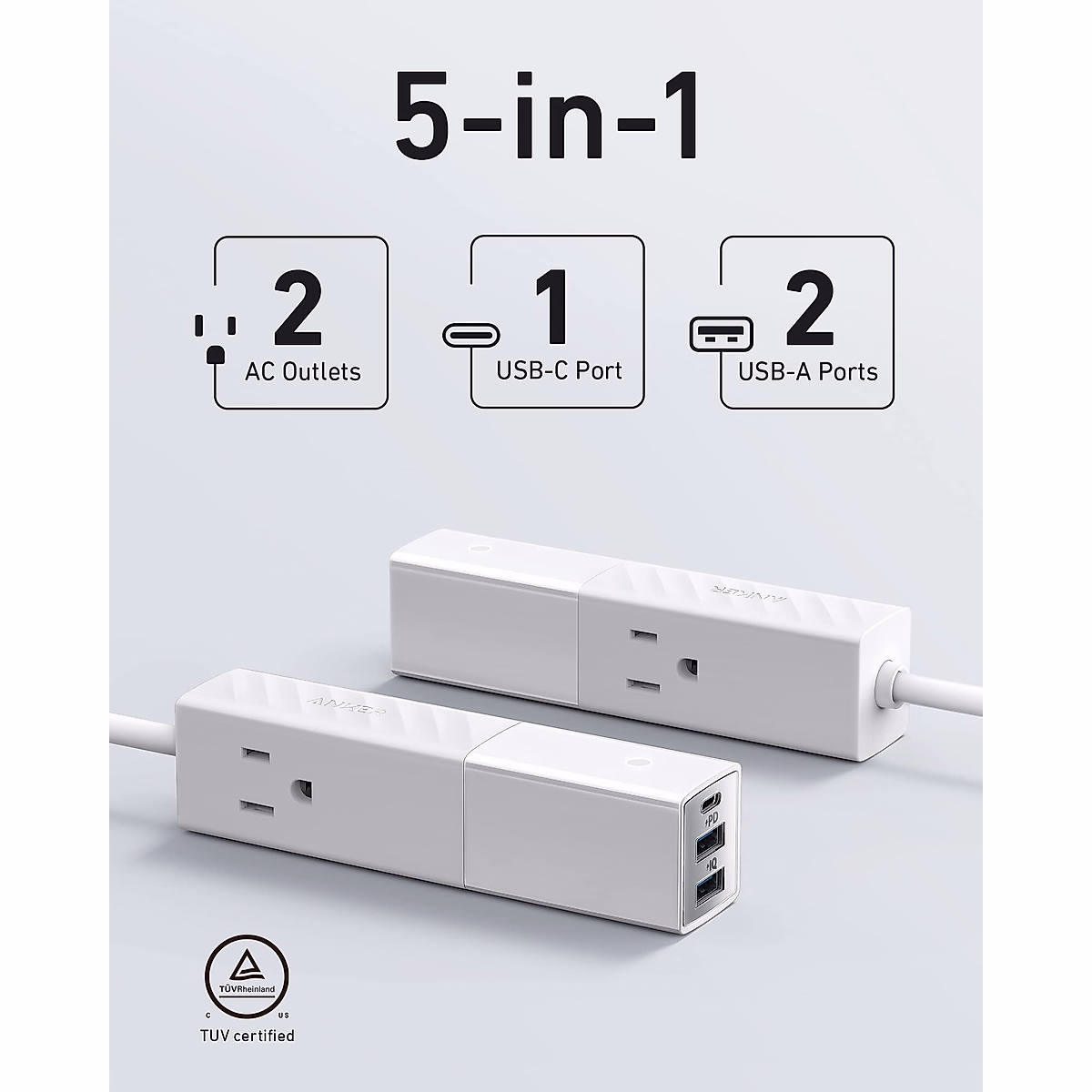 Anker Premium Nylon USB A to USB C Cable(2-Pack, 6ft) and Travel Power Strip USB C, 511 USB Power Strip, 2Outlets & 3USB Ports, 5ft Soft Extension Cord