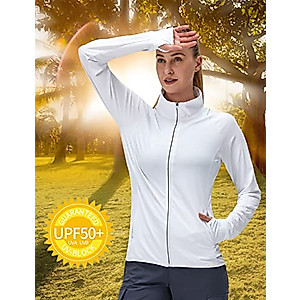 Women's UPF 50+ UV Sun Protection Clothing Long Sleeve Athletic Hiking Shirts Lightweight SPF Zip Up Outdoor Jacket (White,M)