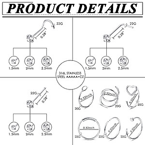 Besteel 21Pcs 22G Nose Rings Hoops 20G Surgical Steel Nose Studs Nostril Nose Piercings Jewelry for Women Men Heart Double Nose Ring Hoop for Single Piercing 1.5mm 2mm 2.5mm CZ silver