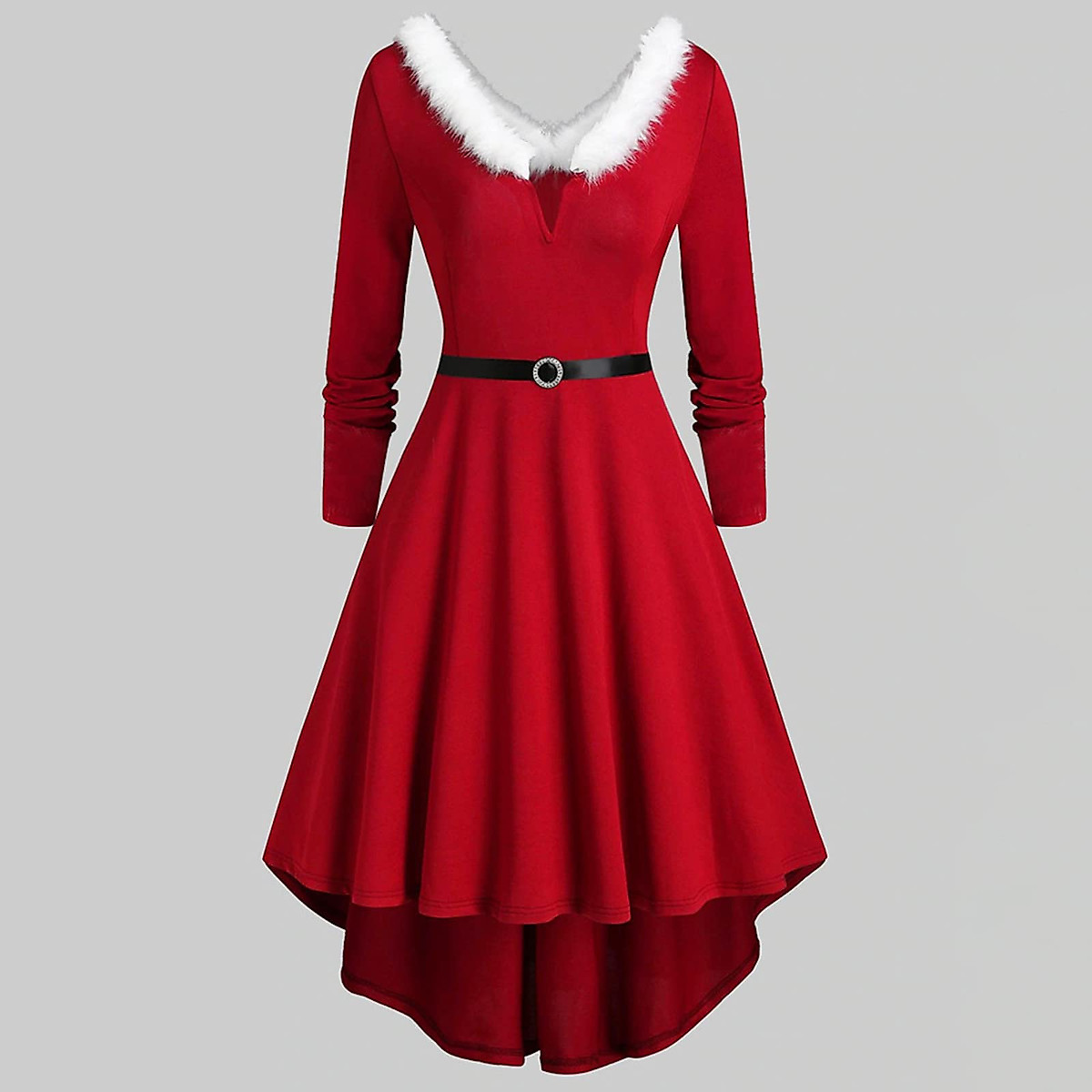Christmas High Low Dress for Women Plus Size Mrs Claus Costume Xmas Outfits Fuzzy V Neck Swing Holiday Party Dress Red