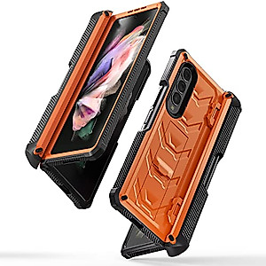 FONREST Rugged Case Armor for Samsung-Galaxy-Z-Fold-3 w/Built-in [Kickstand] [S Pen Holder] [Screen Protector] [Hinge Protection], Heavy Duty Shockproof Protective Cover NOT FIT Z Fold4/2 (Orange)